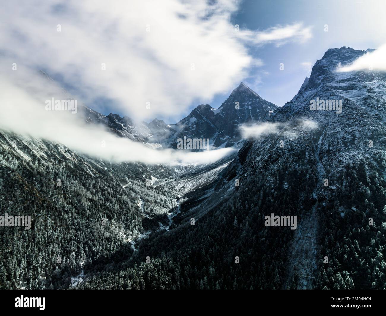 ABA, CHINA - JANUARY 15, 2023 - Aerial photo shows the Bipenggou scenic ...