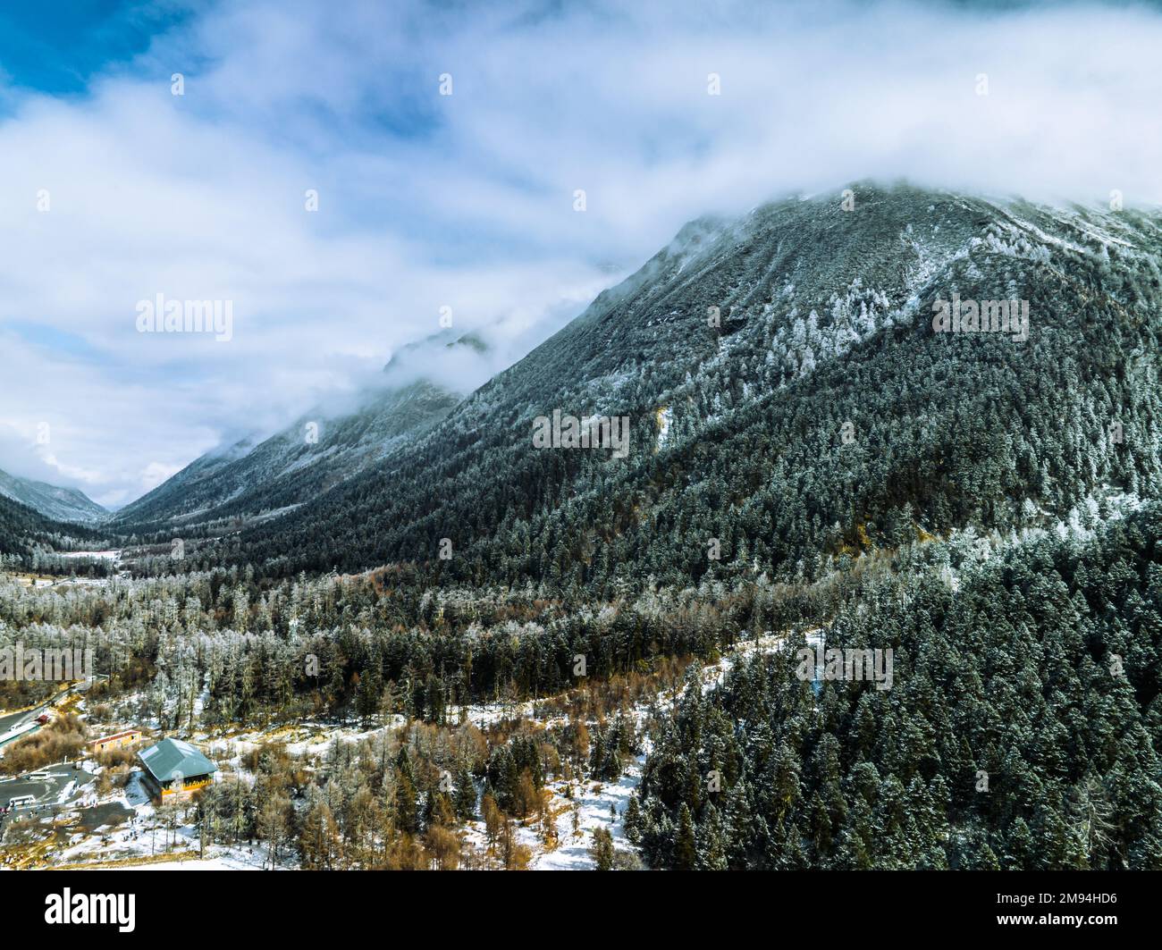 ABA, CHINA - JANUARY 15, 2023 - Aerial photo shows the Bipenggou scenic ...
