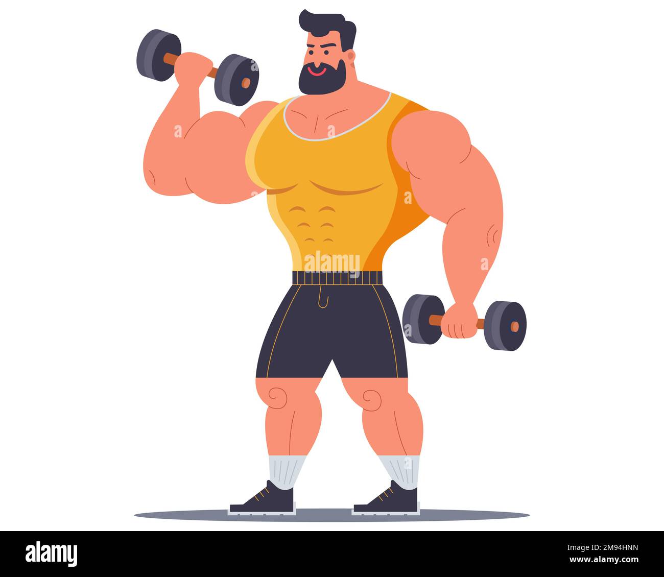 a big pumped-up man lifts dumbbells. classes in a sports club. pumping ...