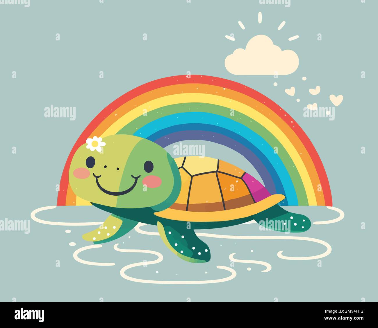 cute turtle character in a puddle and a rainbow in the sky. flat vector ...
