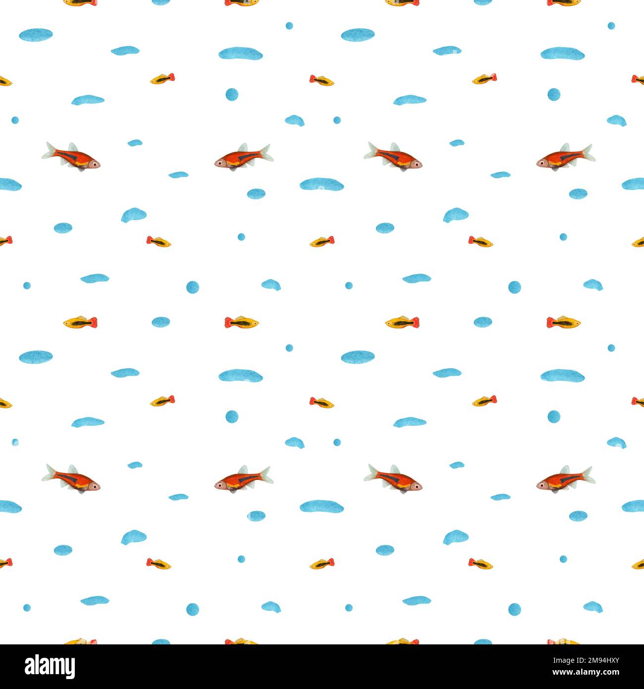 Watercolor underwater seamless pattern of neon tetra fishes on white ...