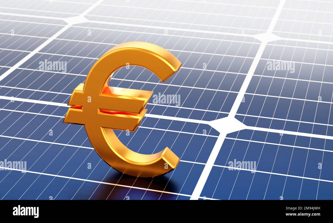 The euro currency symbol put on the solar panel surface. sustainable ...