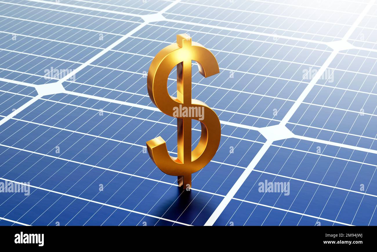 The golden US Dollar currency symbol put on the solar panel surface ...