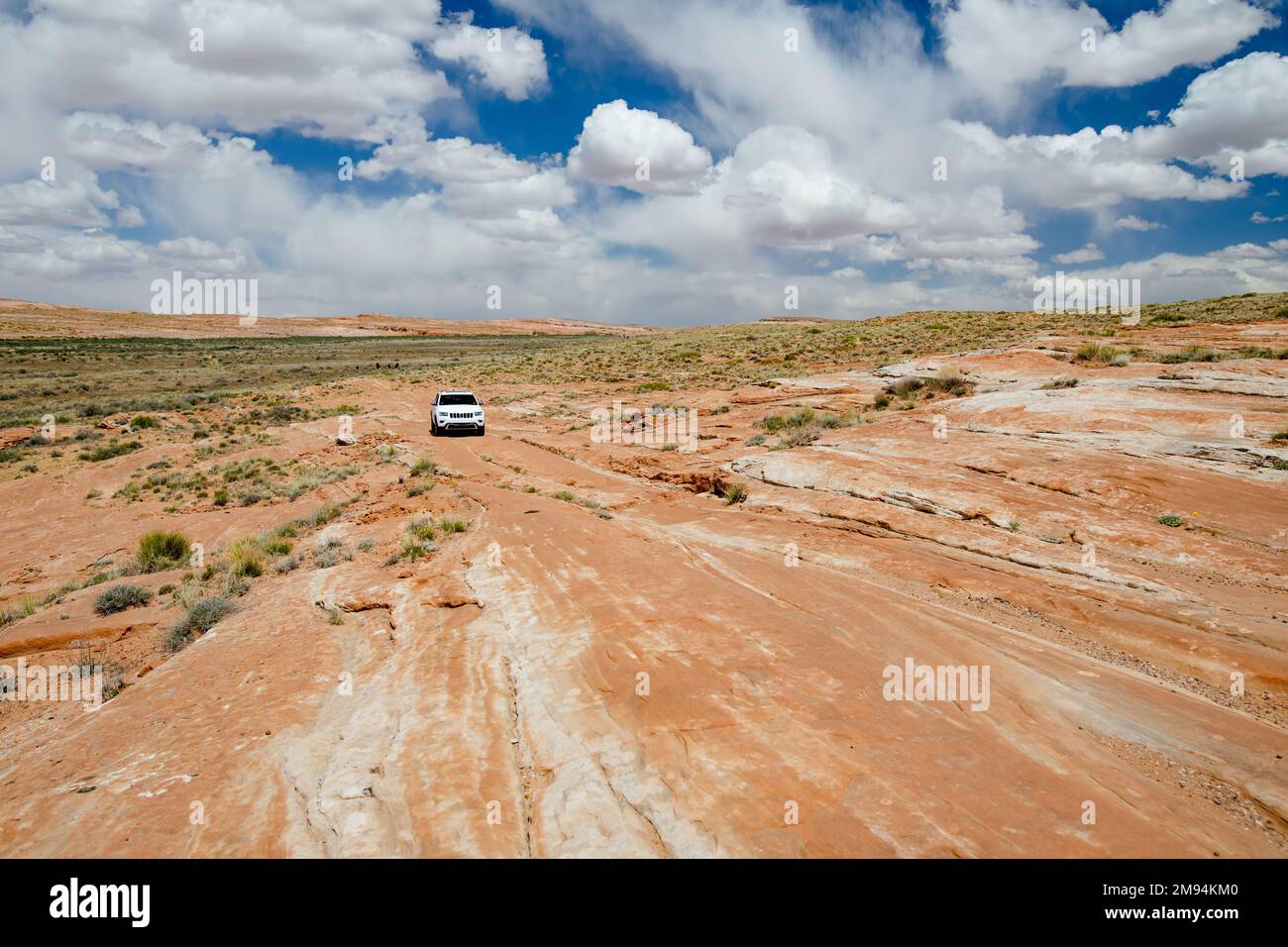Off-road driving in a desert in Arizona. Dry grass and sandstone ...