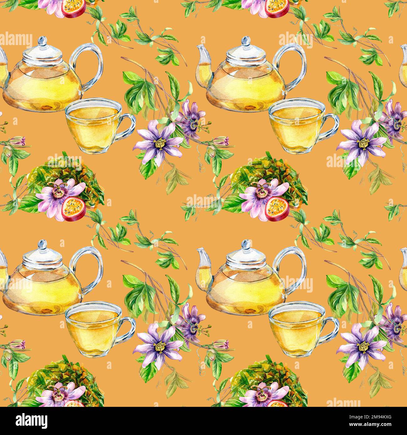 Glass teapot and cup, passion flower, stem watercolor seamless pattern ...