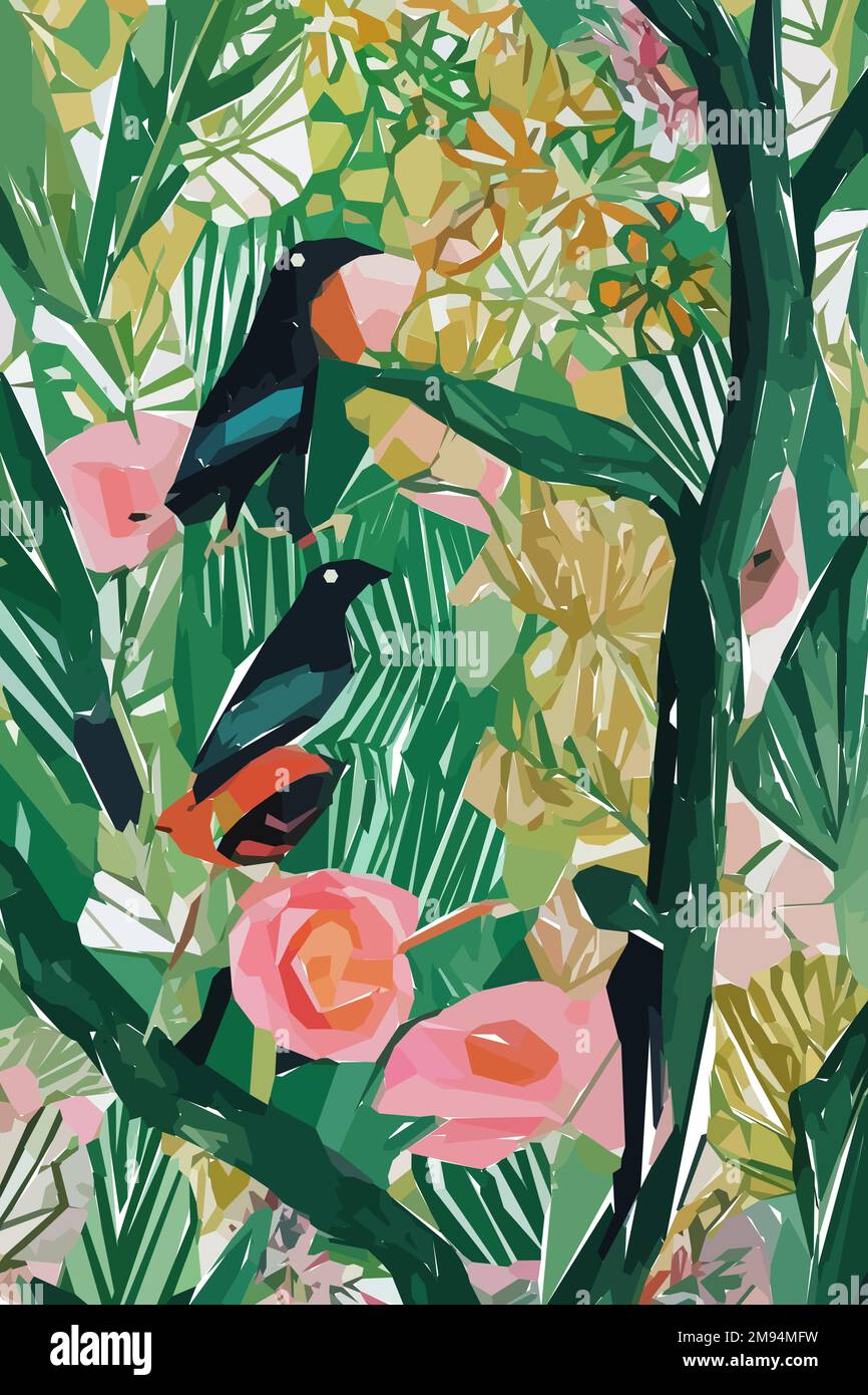 Bird, flowers, leaf, branch. Hand drawn floral watercolor vector ...