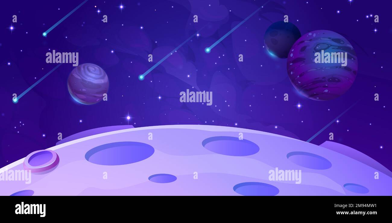 Fantasy alien planets and meteors in outer space. Moon surface ...