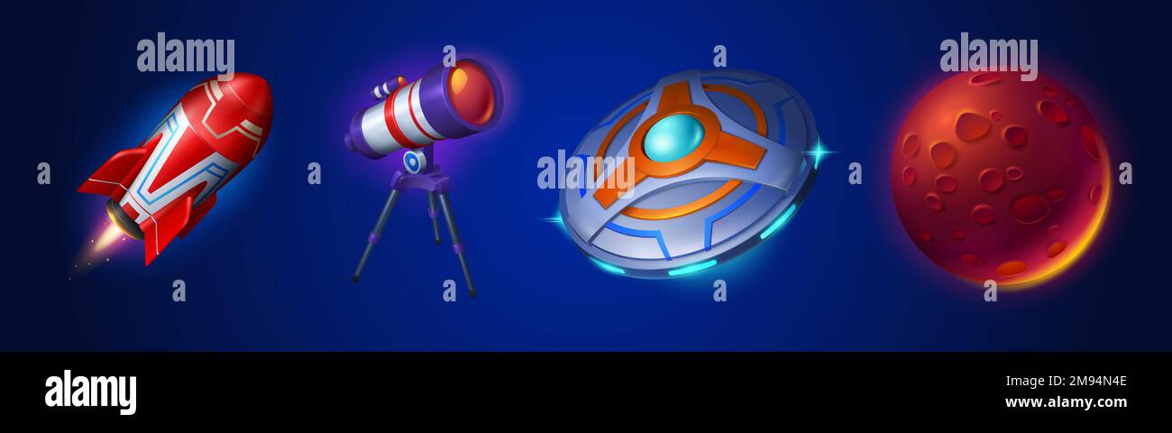 Space set with rocket, telescope, alien spaceship and planet. Concept ...