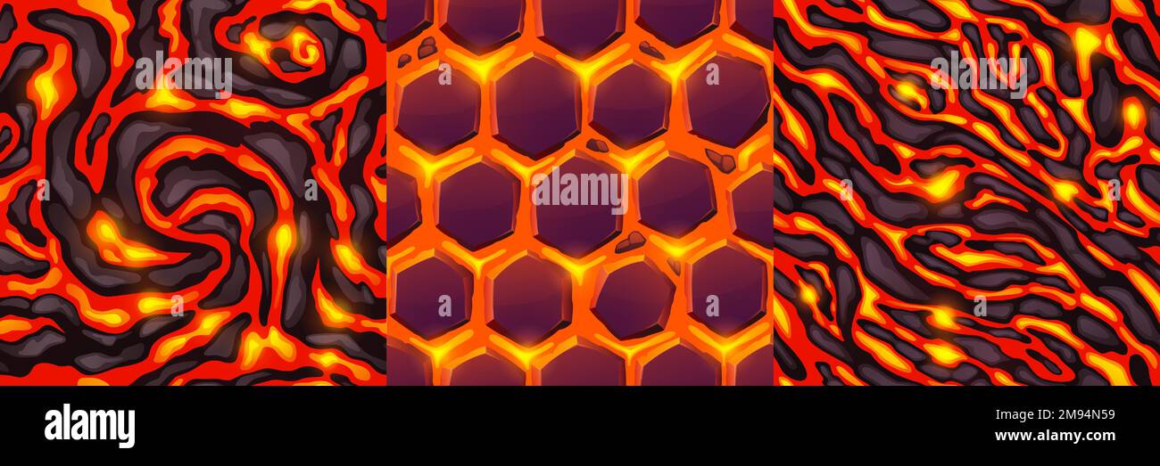 Textures of lava, magma and hexagon stones. Seamless patterns of ...