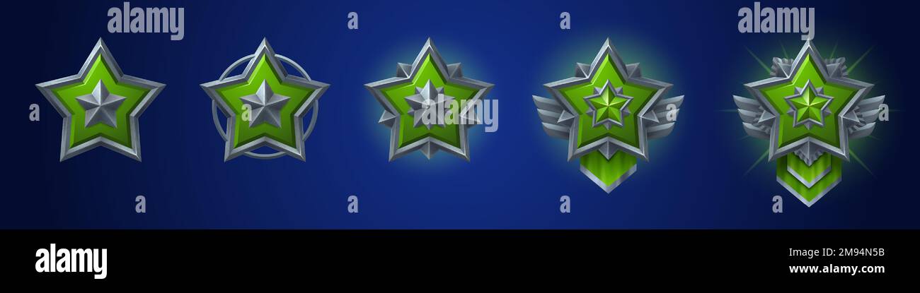 Cartoon set of game badges of different rank isolated on dark blue ...
