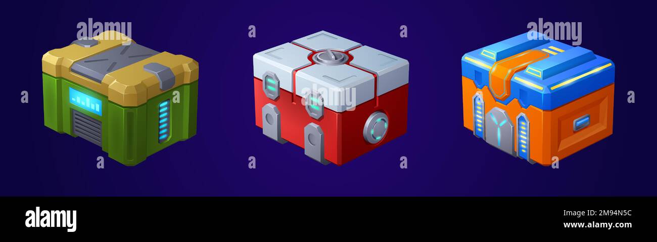 Game futuristic boxes, future technology chests. Icons of sci-fi ...