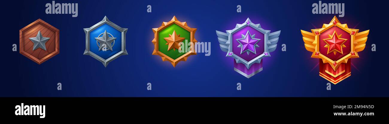 Cartoon set of game badges of different rank isolated on dark blue ...