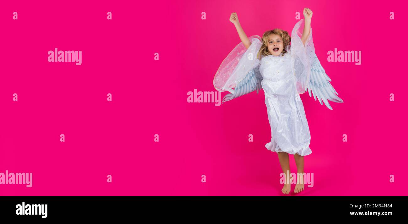 Excited angel child jump, kids jumping, full body in movement. Banner ...