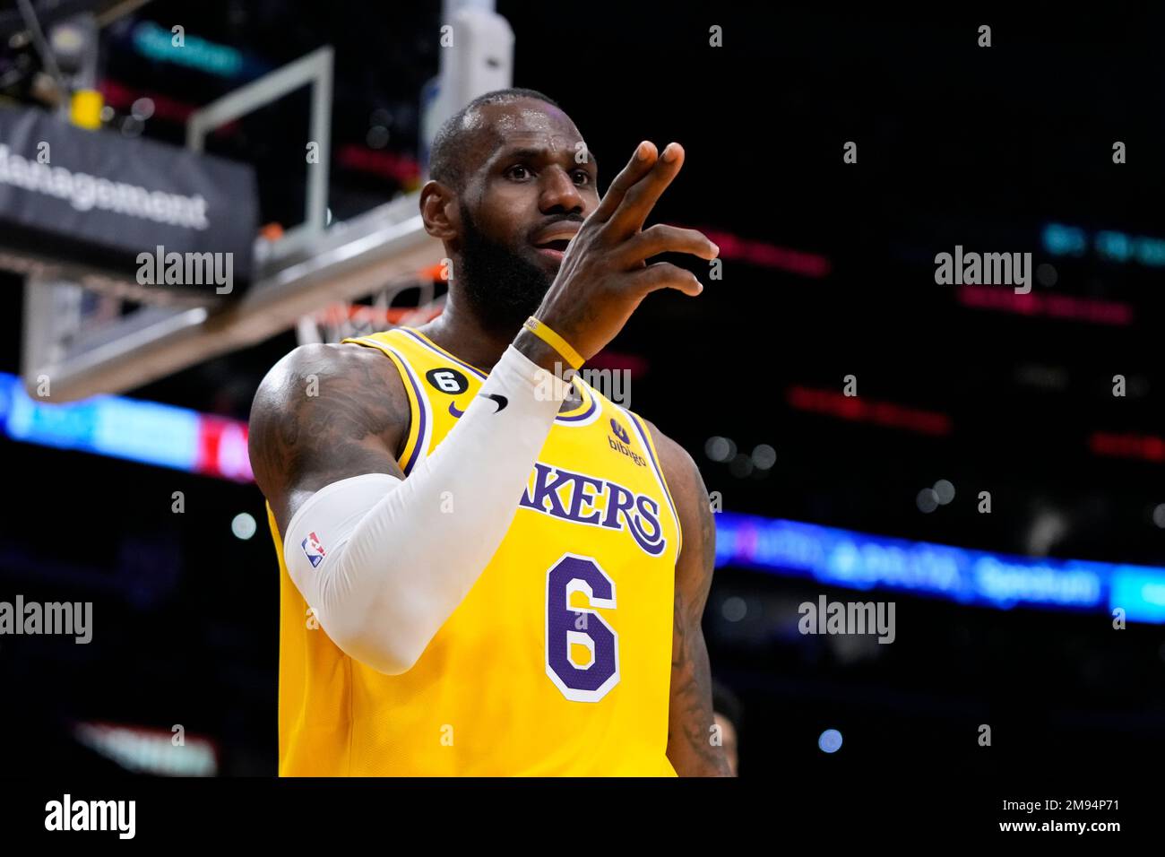 Los Angeles Lakers' LeBron James (6) reacts after making a basket and ...