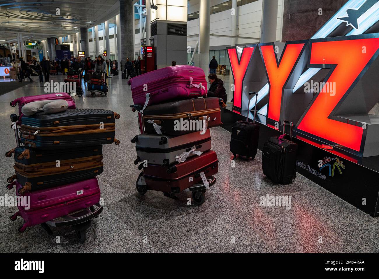 Toronto, Canada. 16th Jan, 2023. Stacked luggage in front of a bright ...