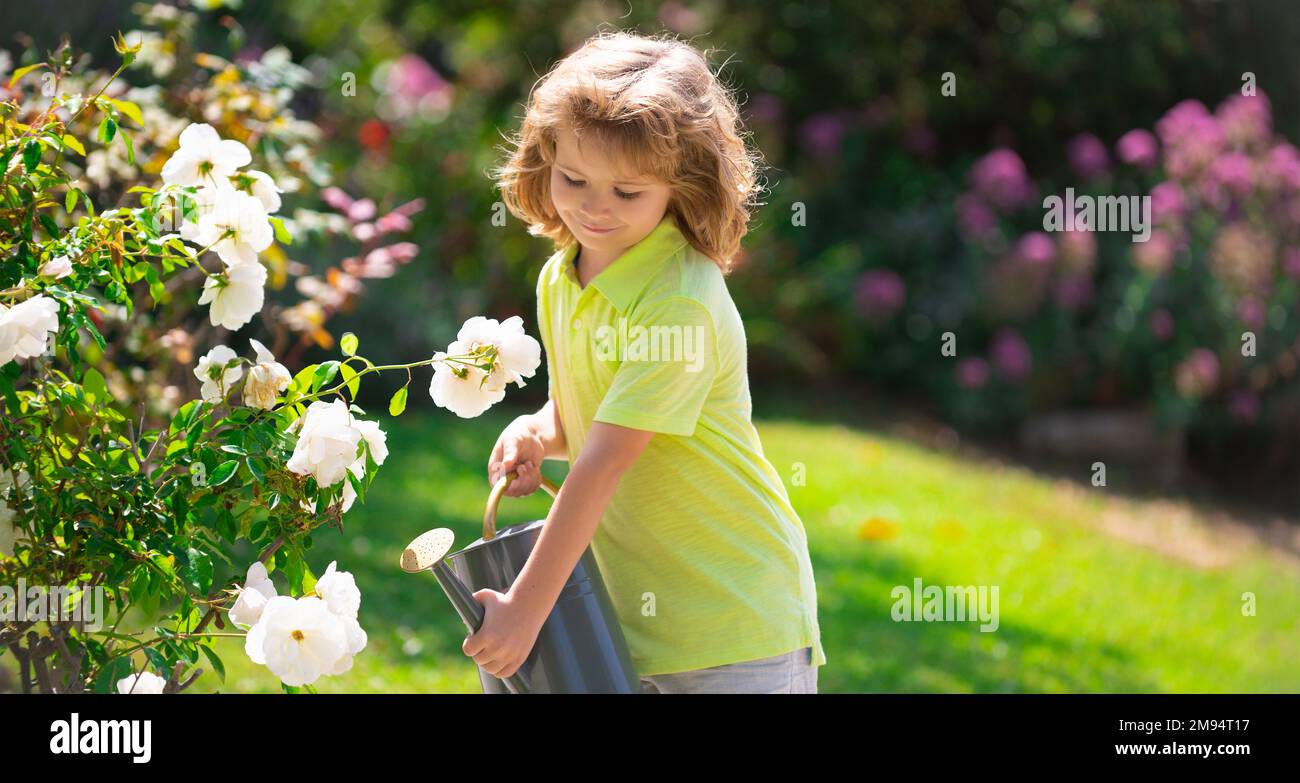 Kid with watering can, spring banner. Child pouring water on the trees ...