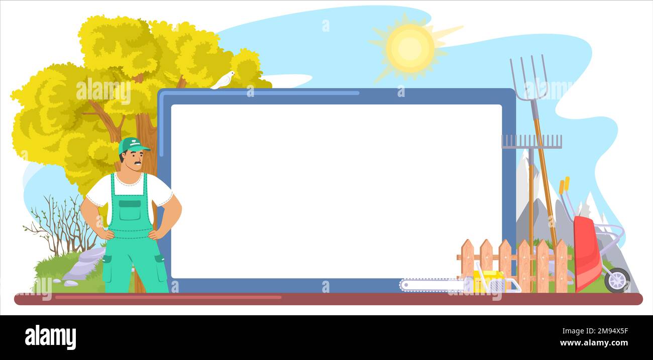 Garden vector banner with gardener and work tools Stock Vector Image ...