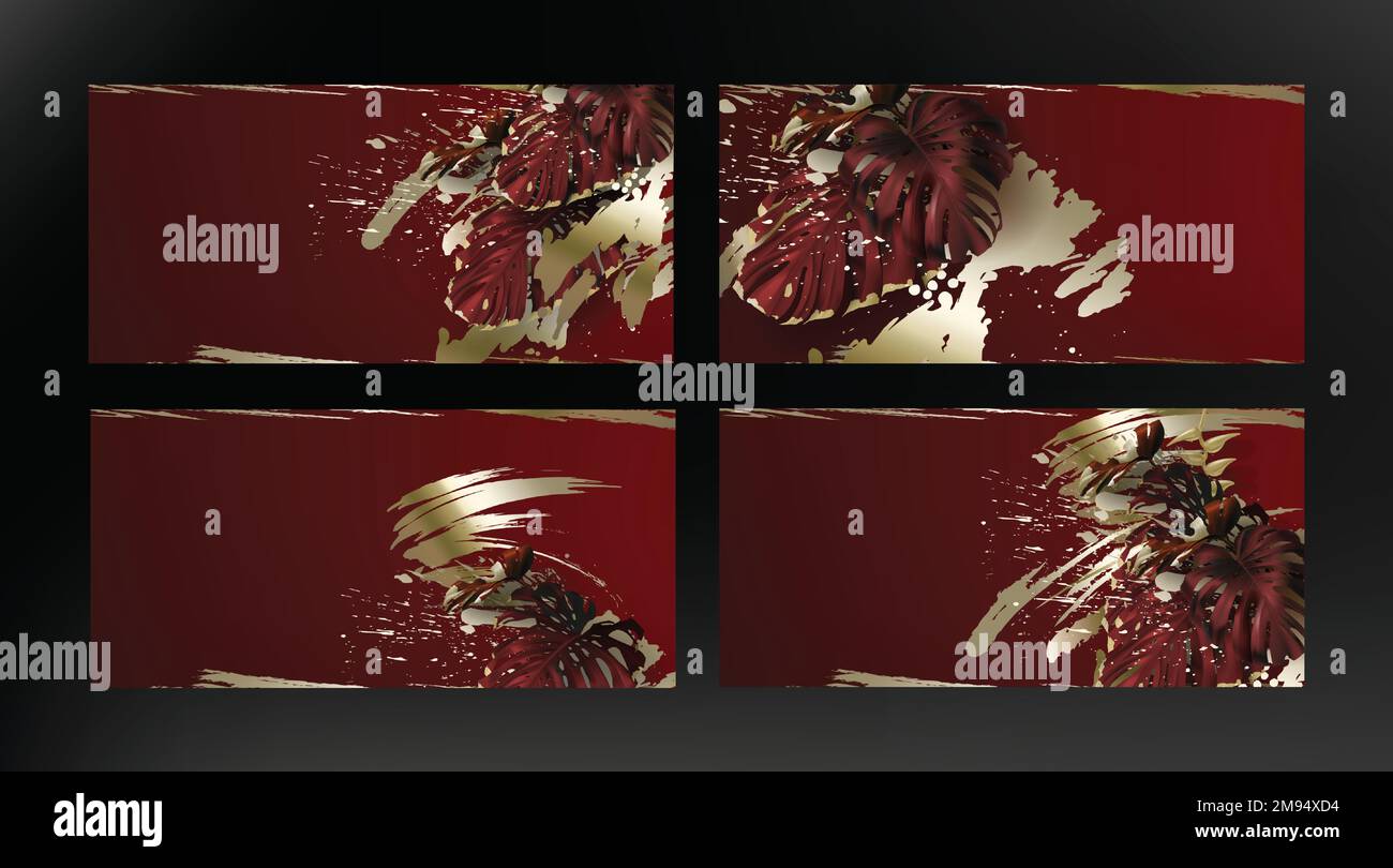 Tropical gold maroon monstera leaf, on dark red background vector ...