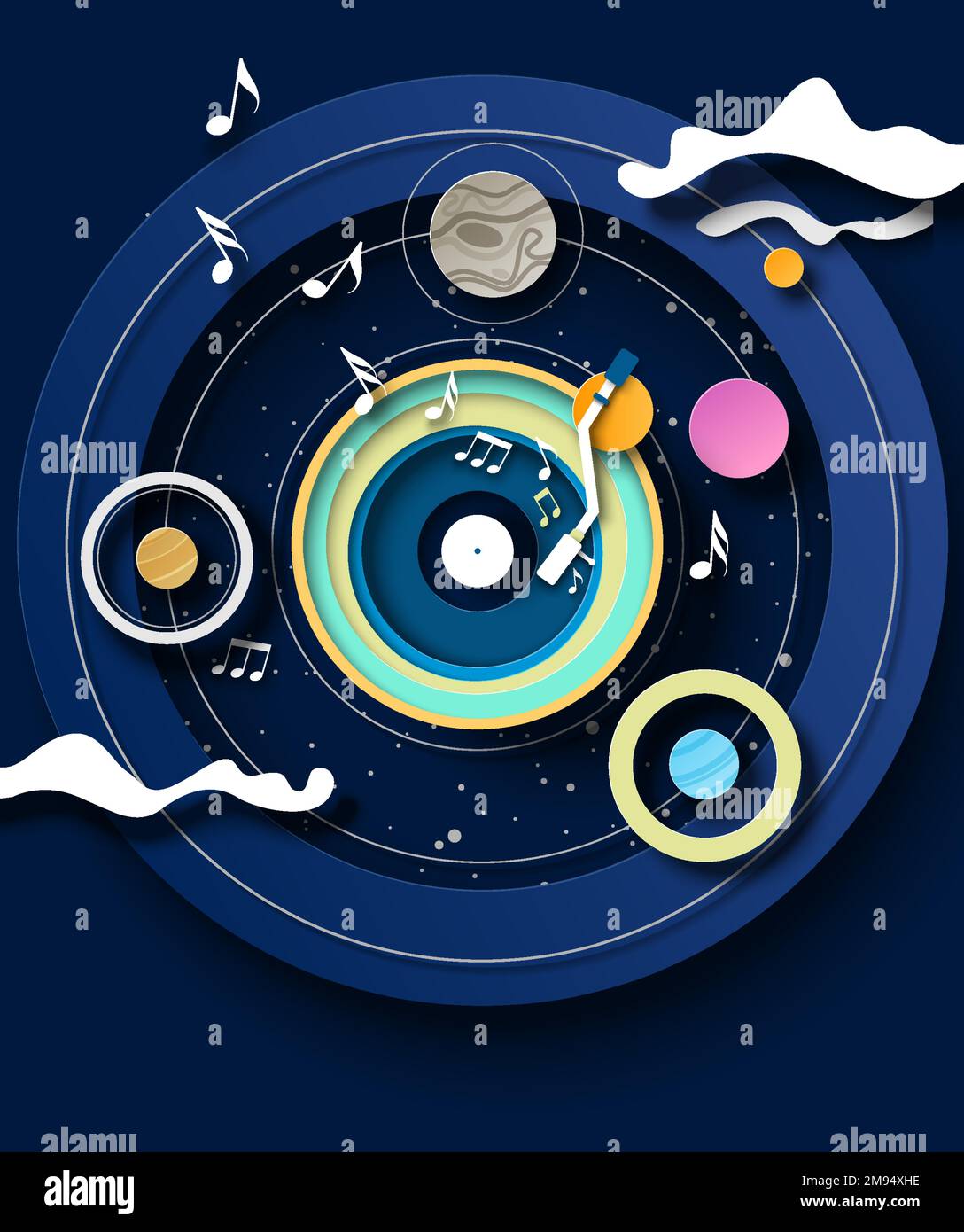 Music vector with vintage vinyl disc and notes. Musical paper cut ...