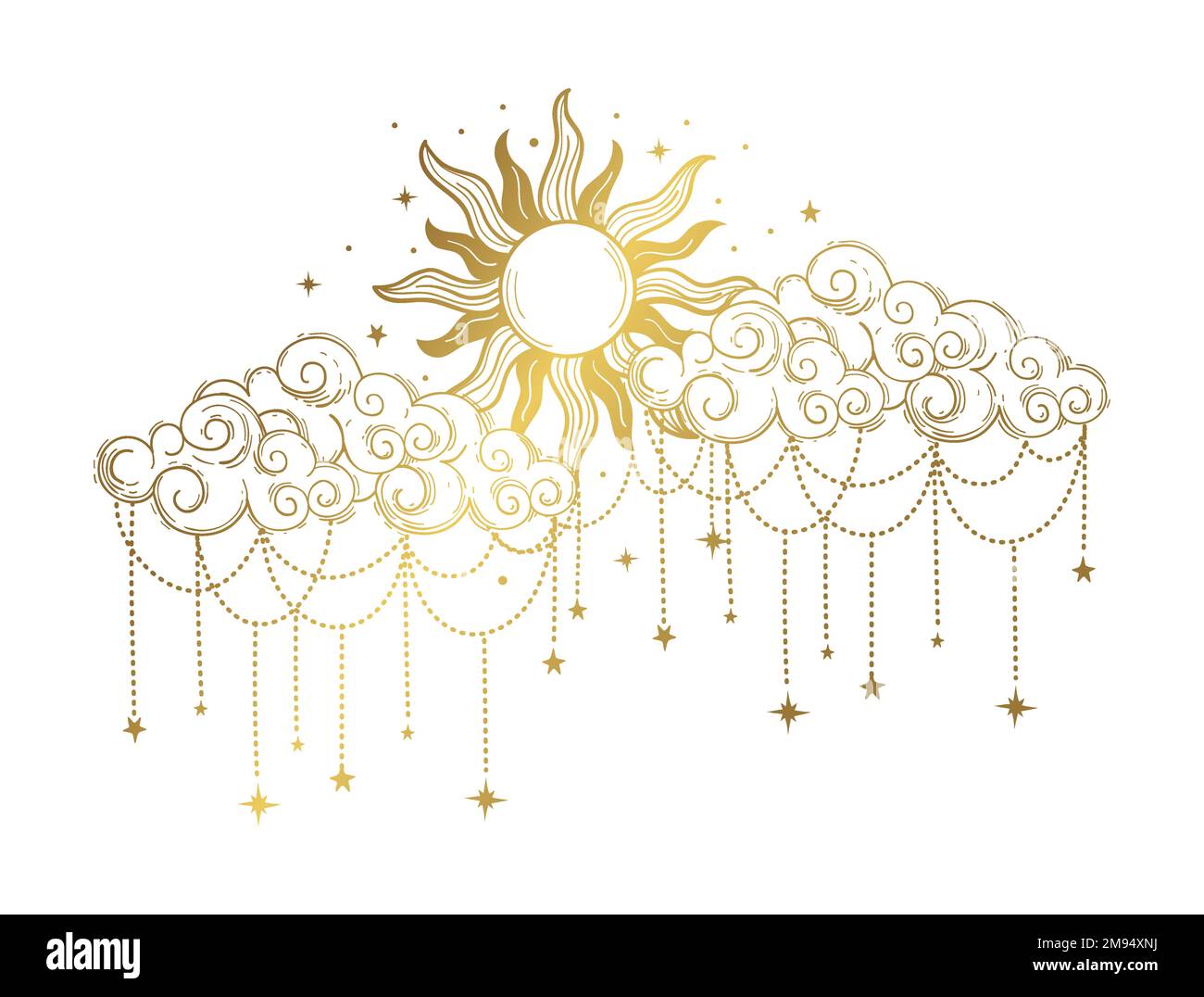 Astrological boho graphics, Heavenly golden sun with ornate clouds ...