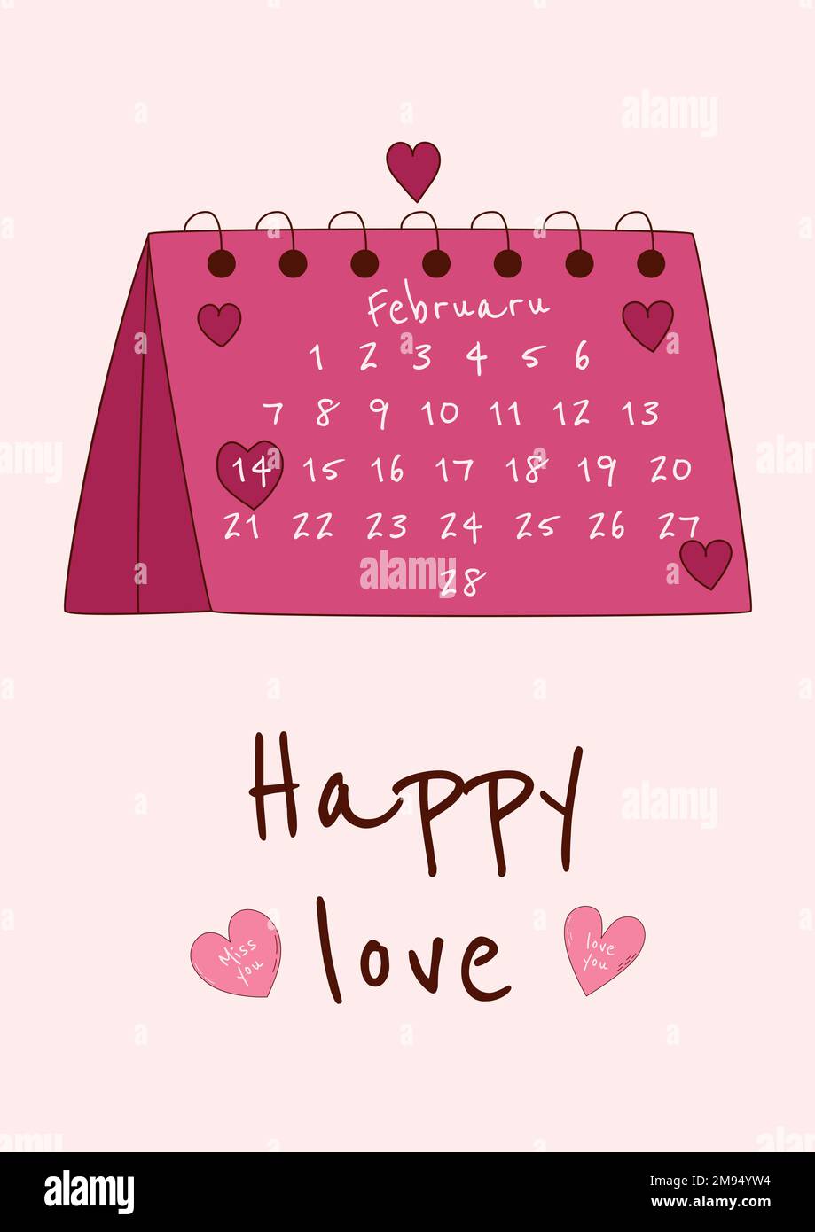 Valentine's Day greeting card with calendar. Vector illustration Stock ...