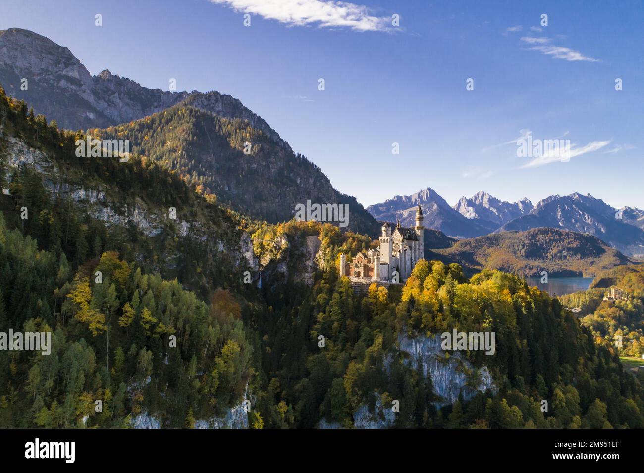 Aerial view of Neuschwanstein Castle in Schwangau, on the right the ...