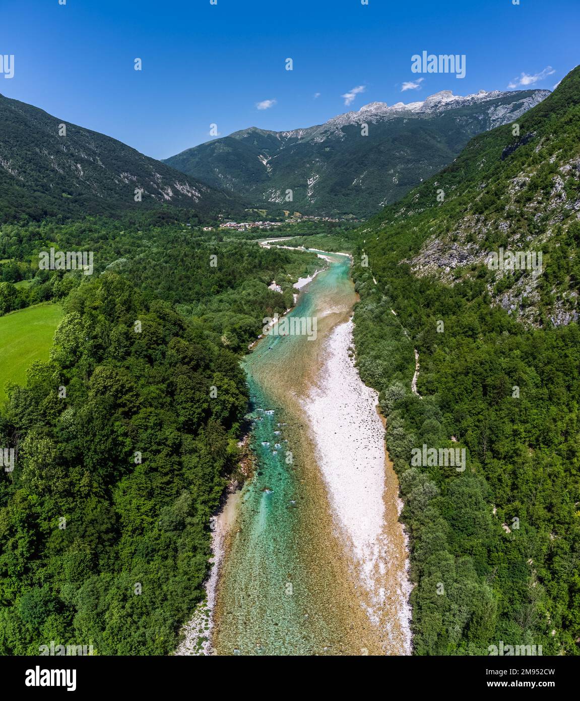 Soca Valley, Slovenia - Aerial panoramic view of the emerald alpine ...