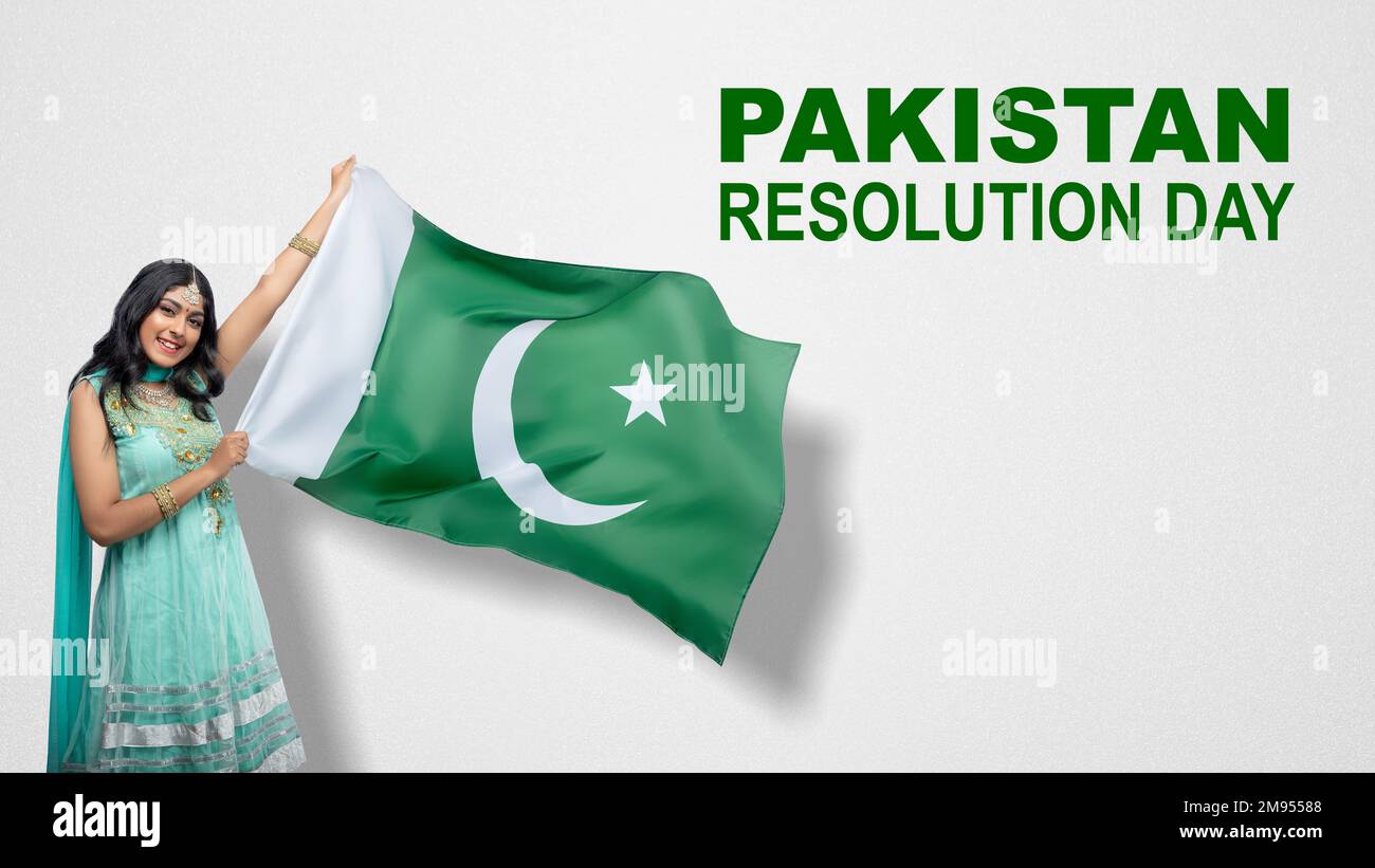 Asian woman holding Pakistan flag. Pakistan Resolution Day Stock Photo ...