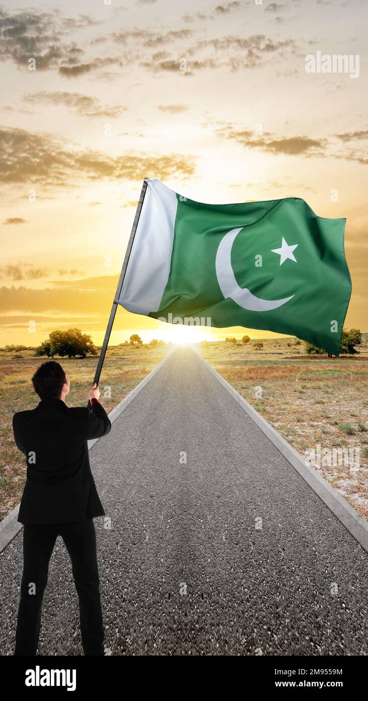 Rear view of Asian businessman holding Pakistan flag. Pakistan ...