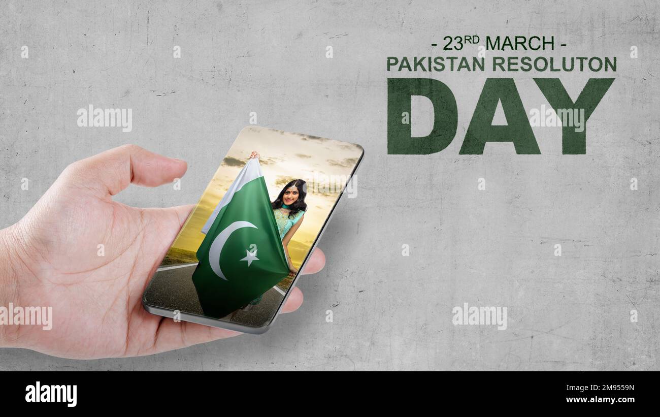 Asian woman holding Pakistan flag. Pakistan Resolution Day Stock Photo ...