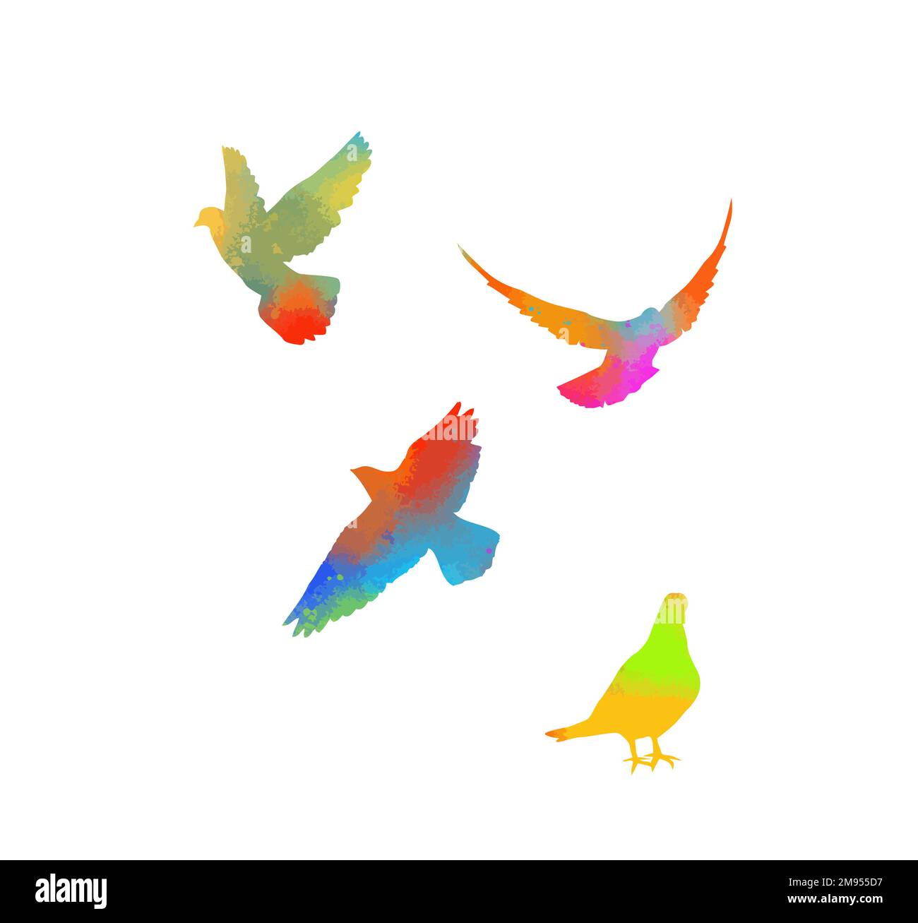 Abstract colored flying birds. Rainbow doves. Mixed media. Vector ...