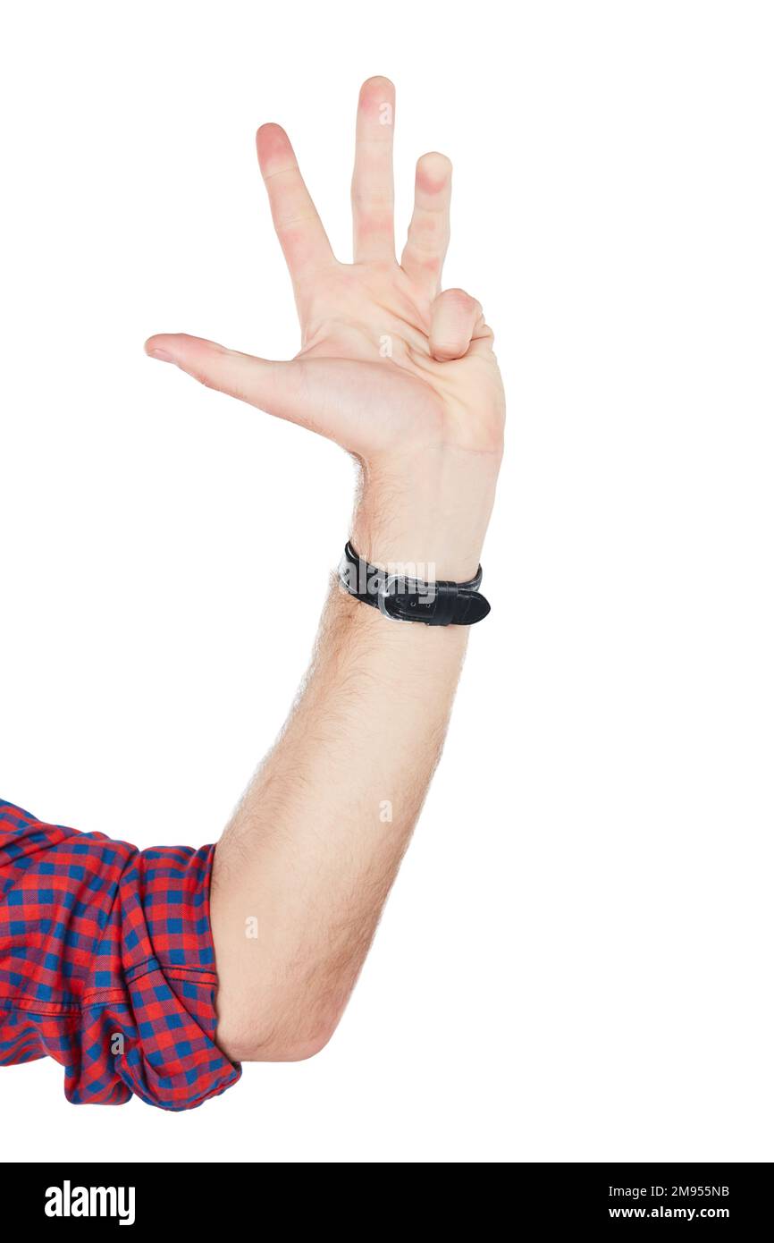 Man, hands and number four sign closeup in studio for countdown ...