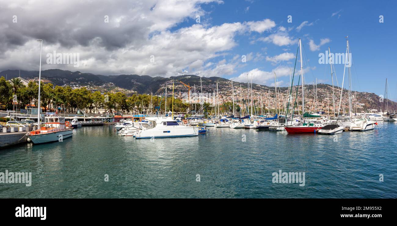 Marina with boats in Funchal panorama on Madeira island travel in ...
