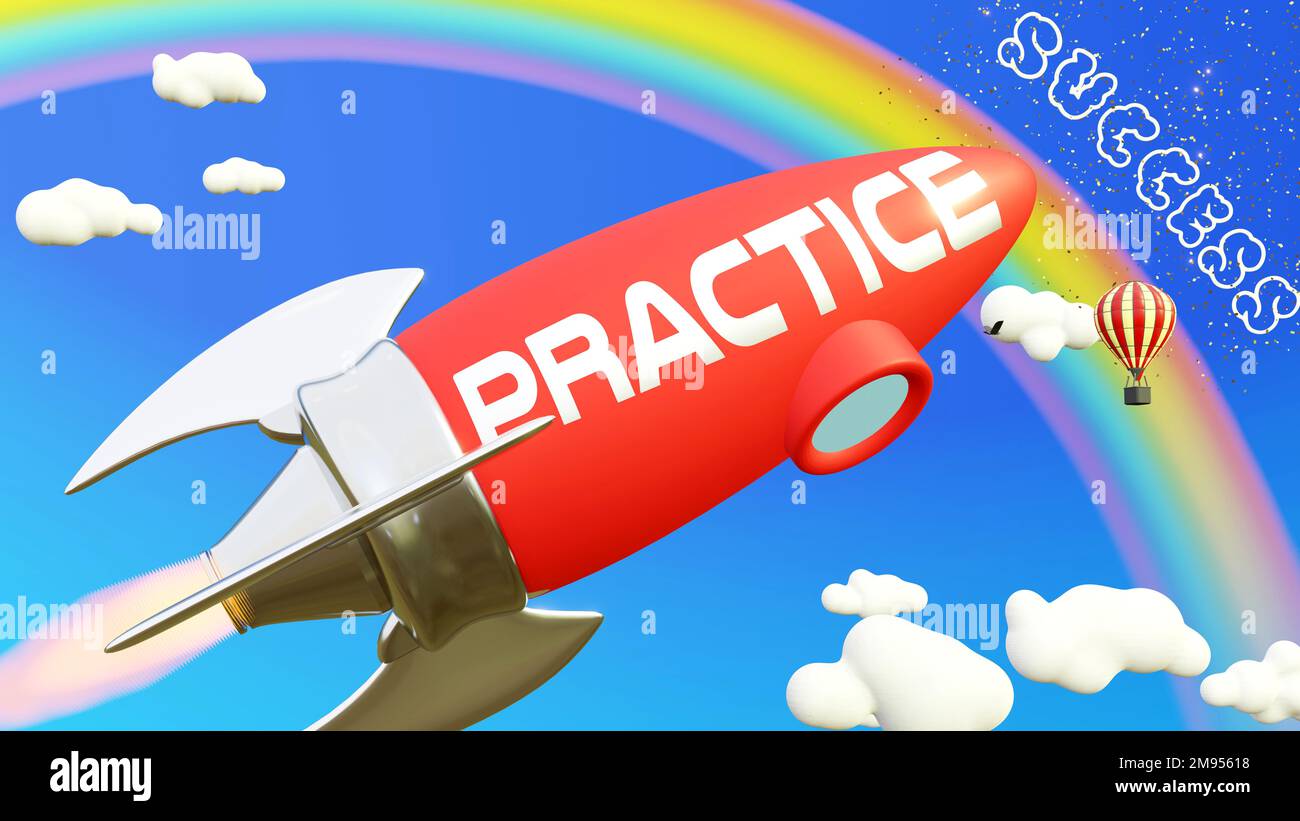 Practice lead to achieving success in business and life. Cartoon rocket ...