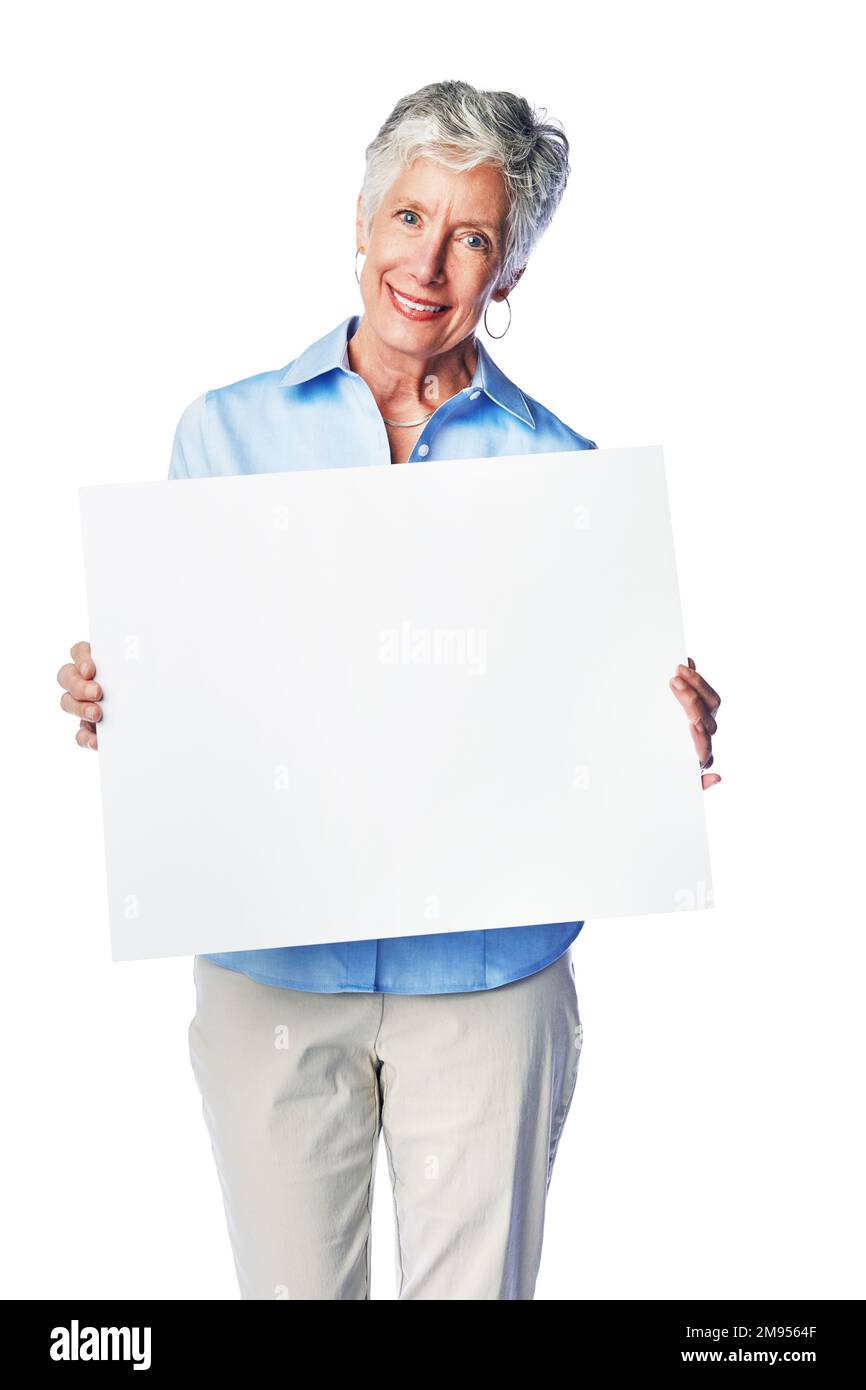 Poster, portrait mockup and senior woman with marketing placard ...