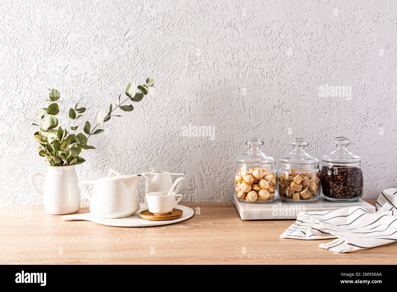 Beautiful kitchen background with items and products for the tea ...