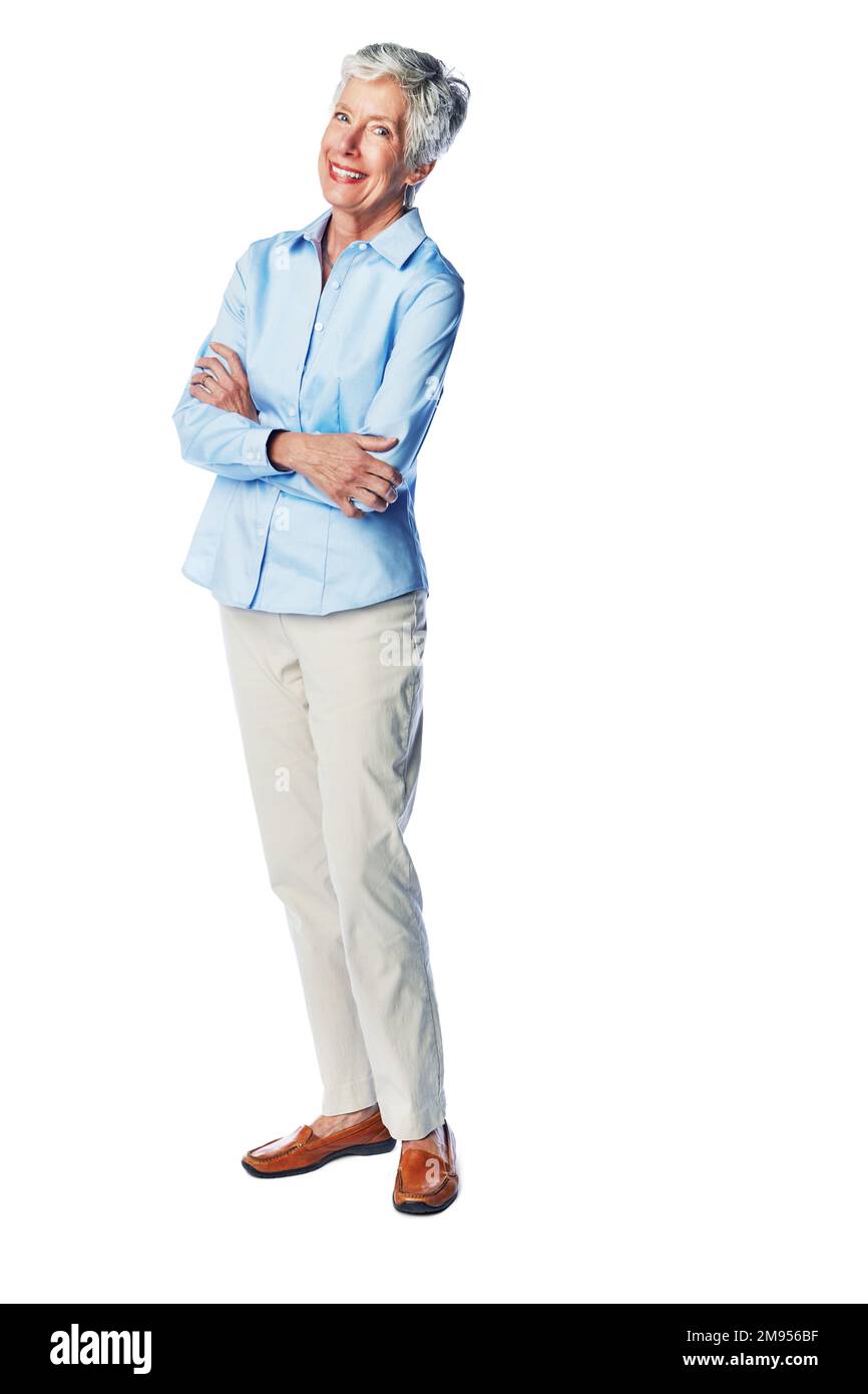 Portrait, relax and senior woman in studio, smile and cheerful while ...