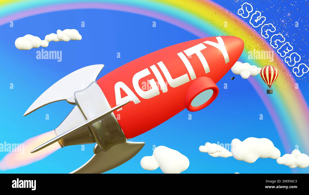Agility lead to achieving success in business and life. Cartoon rocket ...