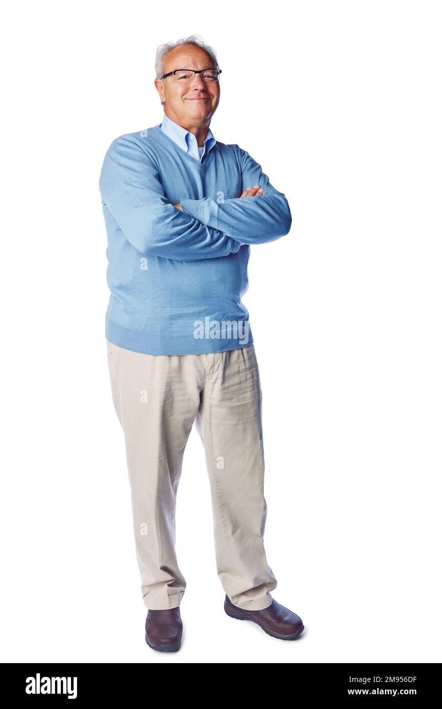 Portrait, thinking and senior man in studio, relax and proud while ...