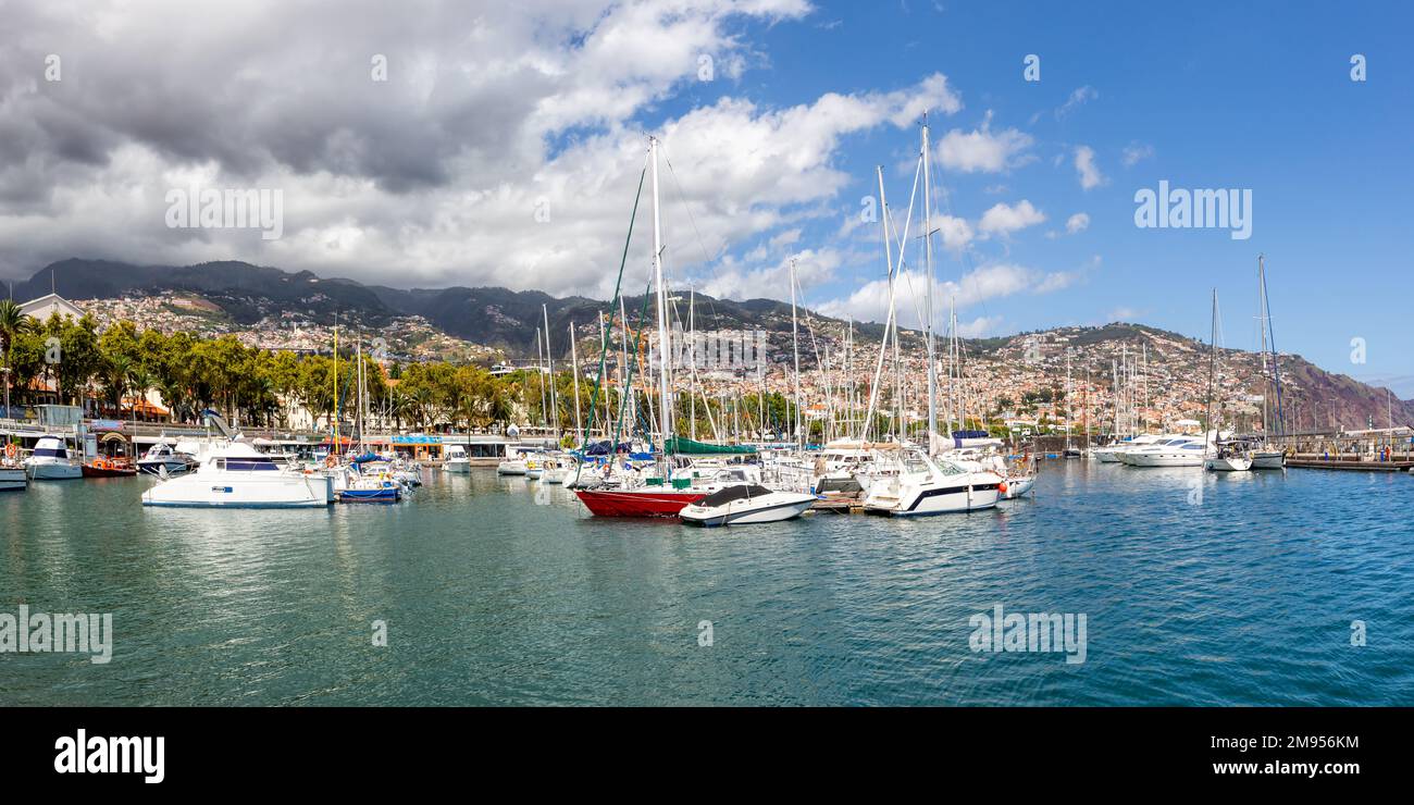 Marina with boats in Funchal panorama travel on Madeira island in ...