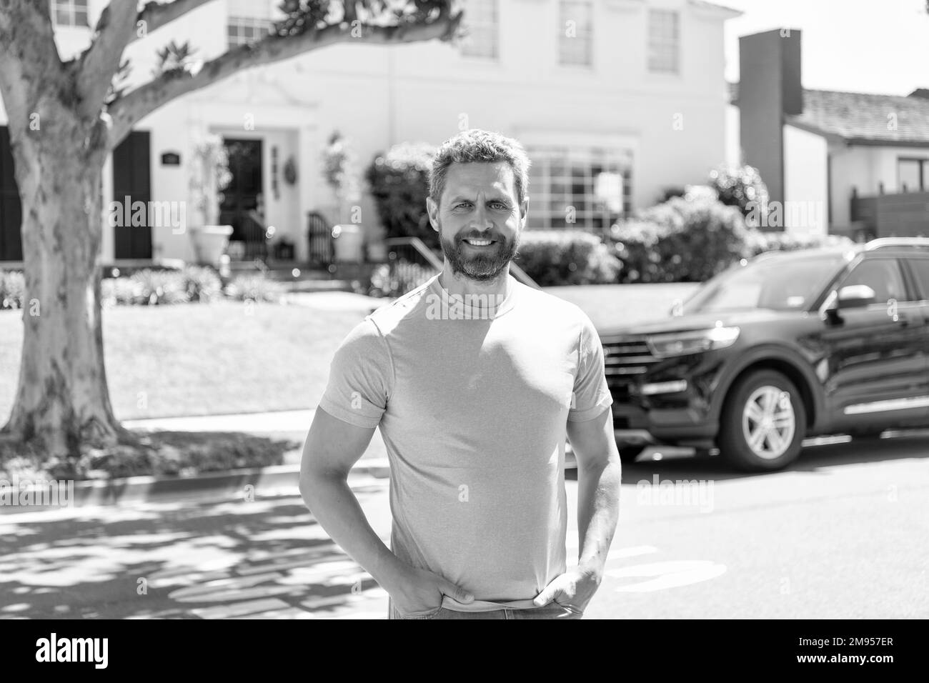 Cheerful man stand in Black and White Stock Photos & Images - Alamy