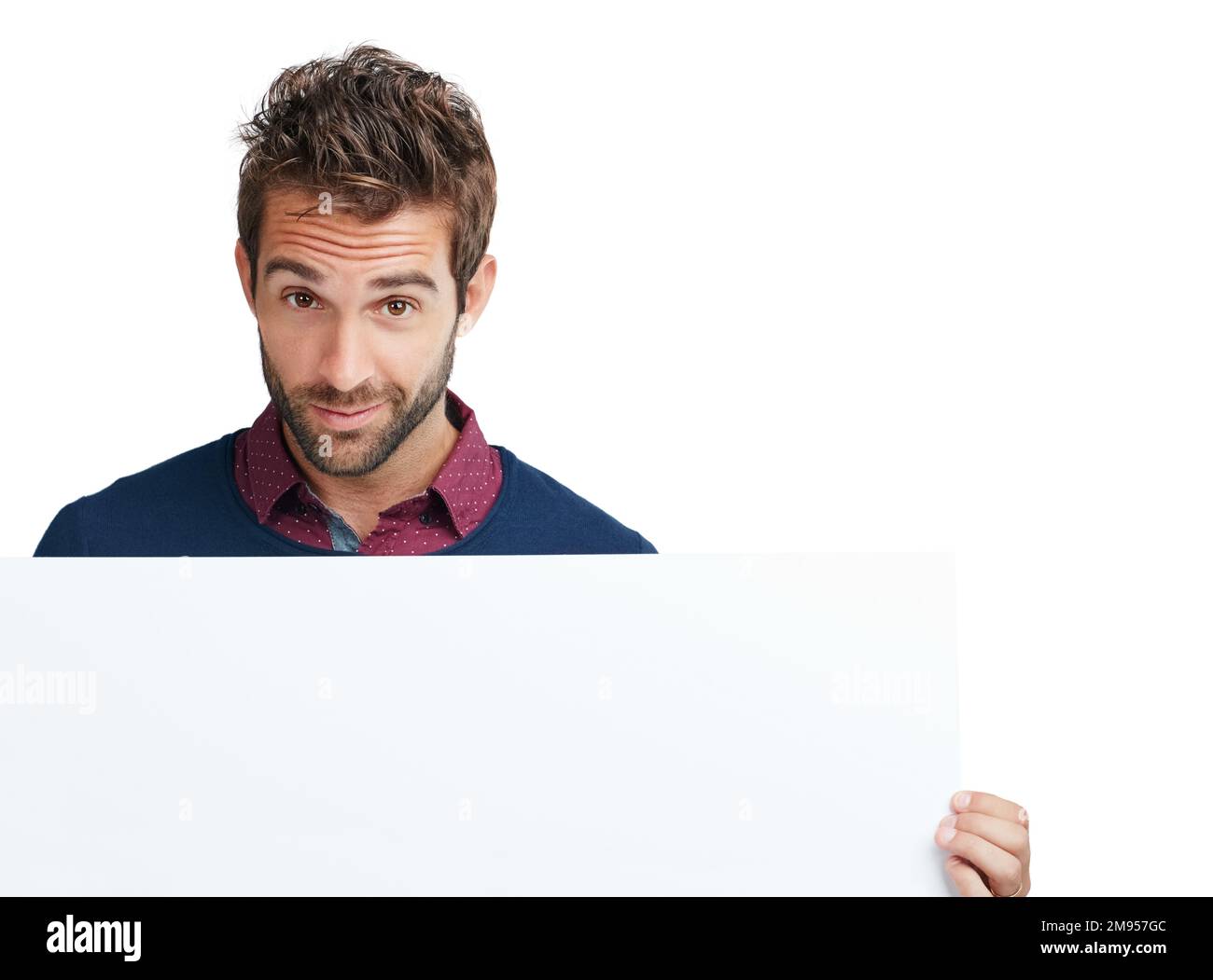 Portrait, marketing or business man with mockup space board for product ...