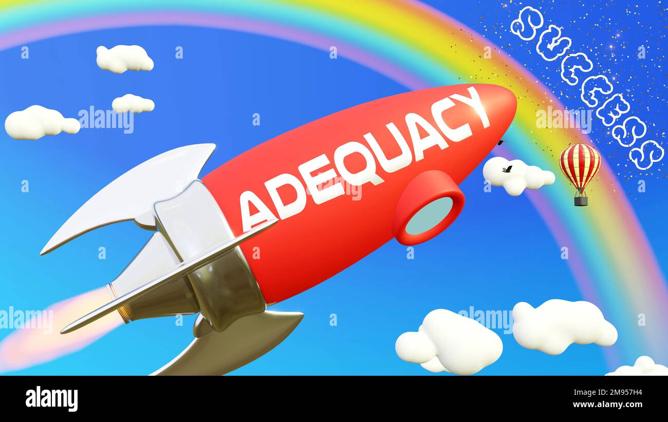Adequacy lead to achieving success in business and life. Cartoon rocket ...