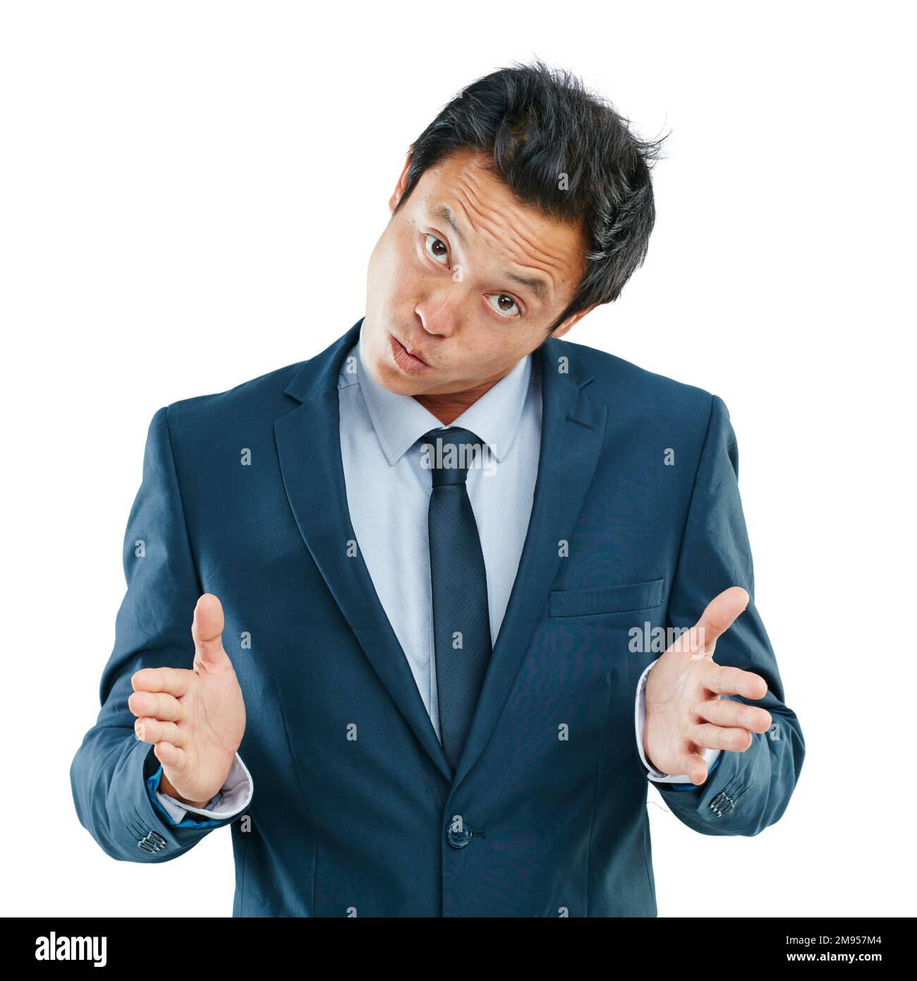Confused, joke and portrait of businessman in studio with comic and ...