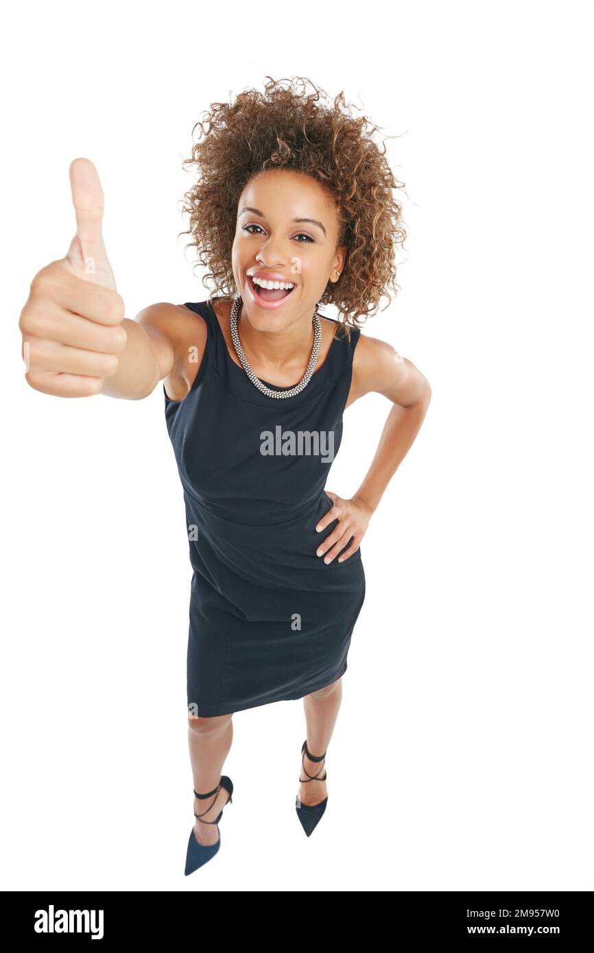 Business woman and thumbs up for success portrait with proud smile and ...