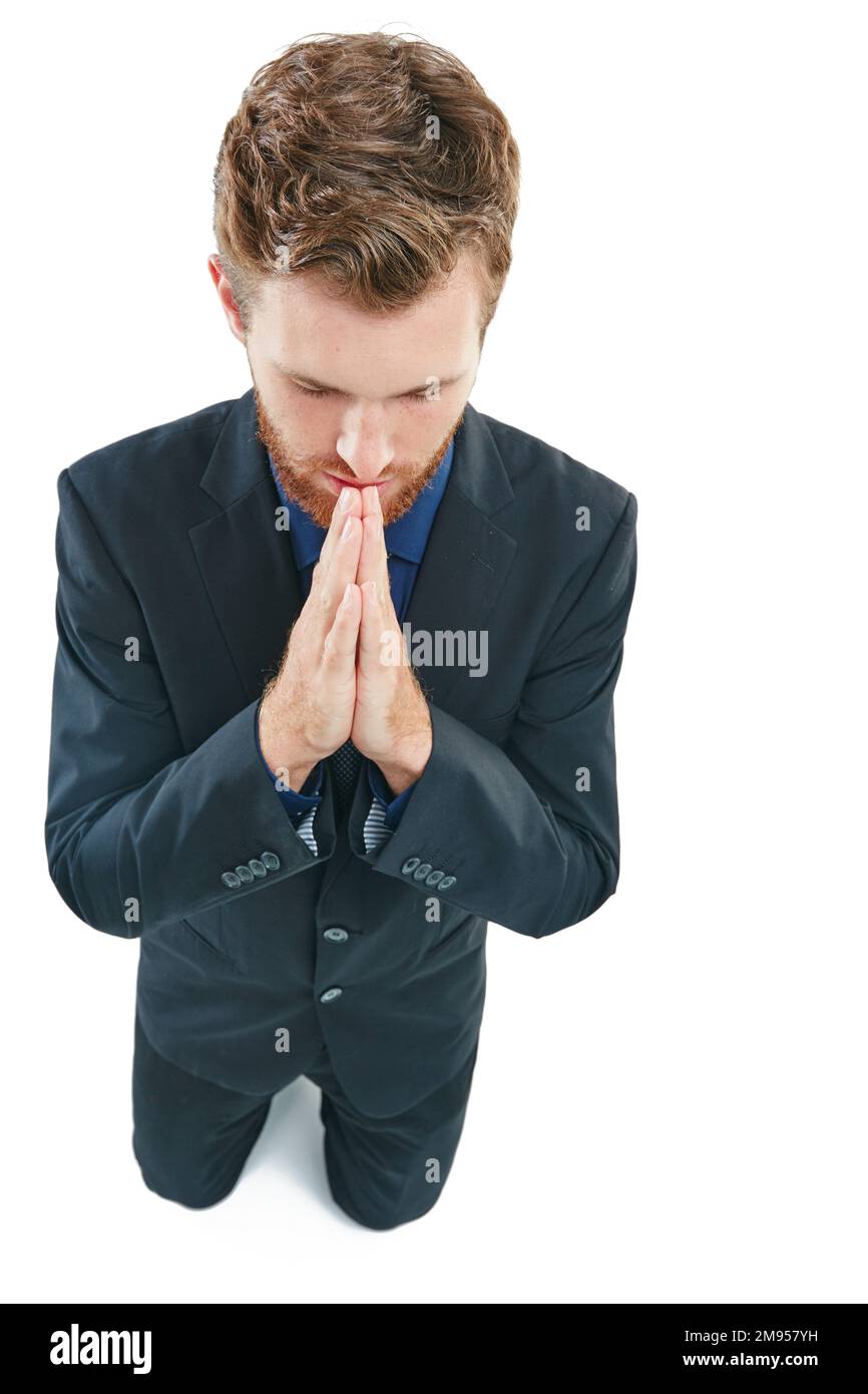 Business man, prayer hands and kneeling for help, sorry or gratitude ...