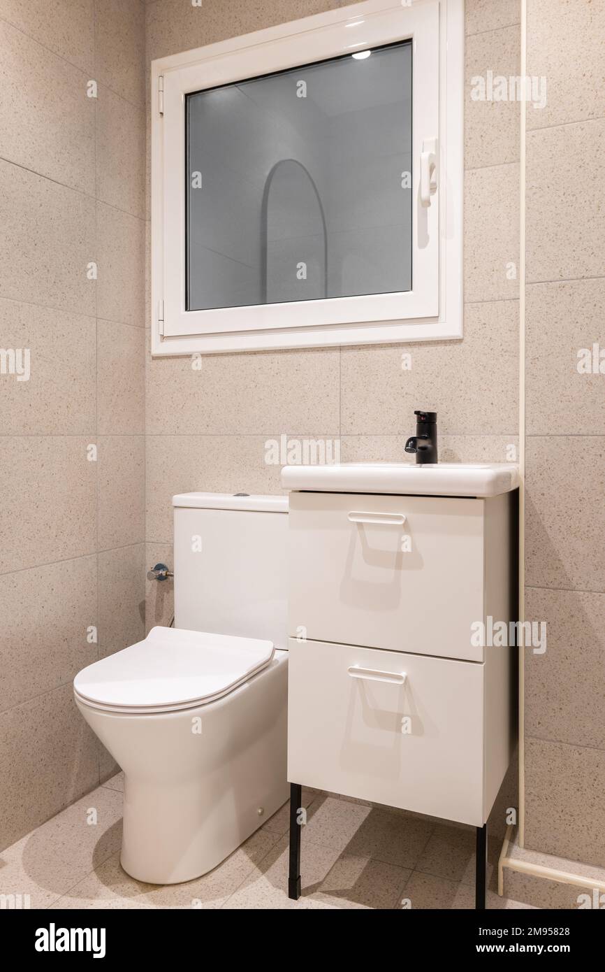 Part of bathroom with toilet bowl, washbasin on wooden furniture and ...