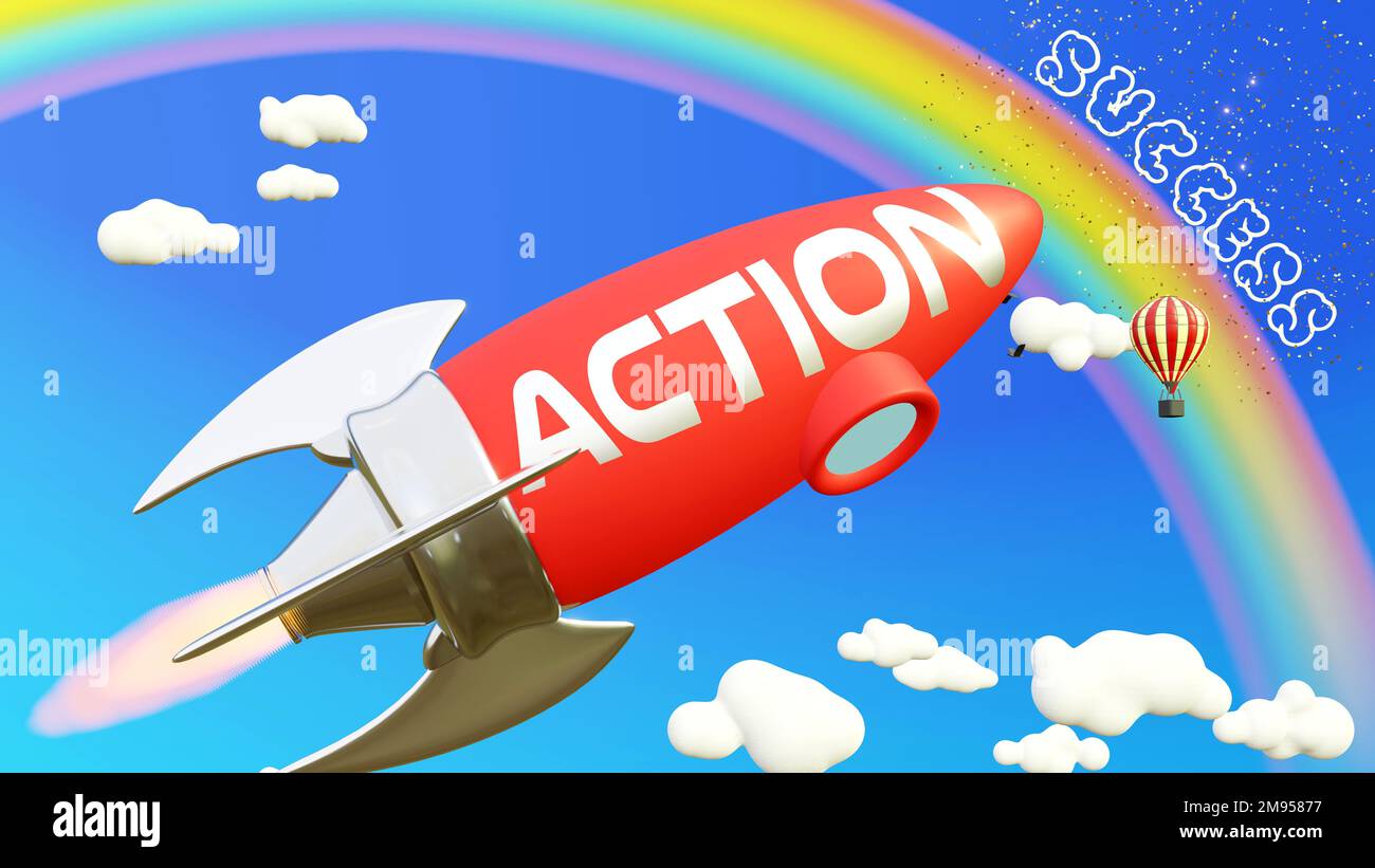 Action lead to achieving success in business and life. Cartoon rocket ...
