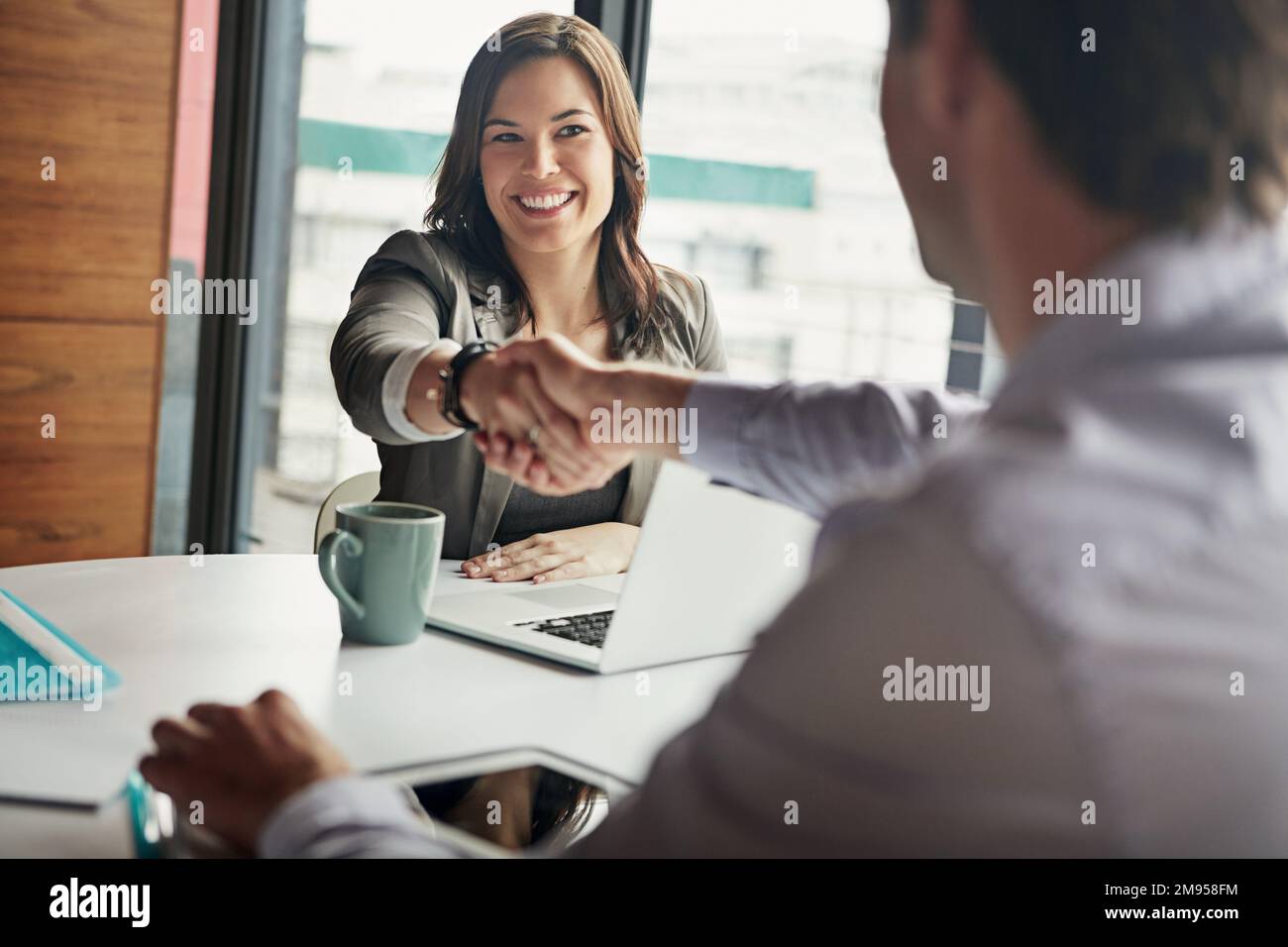 Business people, handshake and welcome for tech meeting, partnership ...
