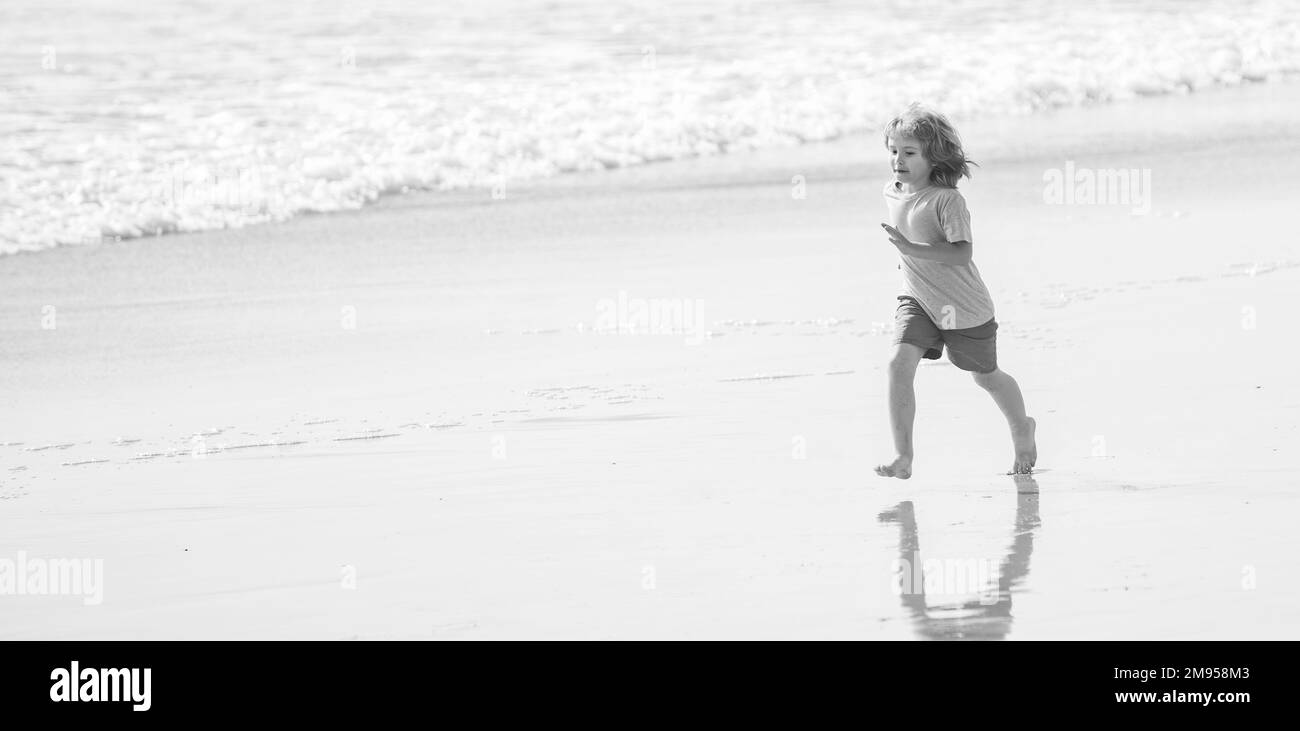 sport child run fast to win in the ocean. morning workout activity ...